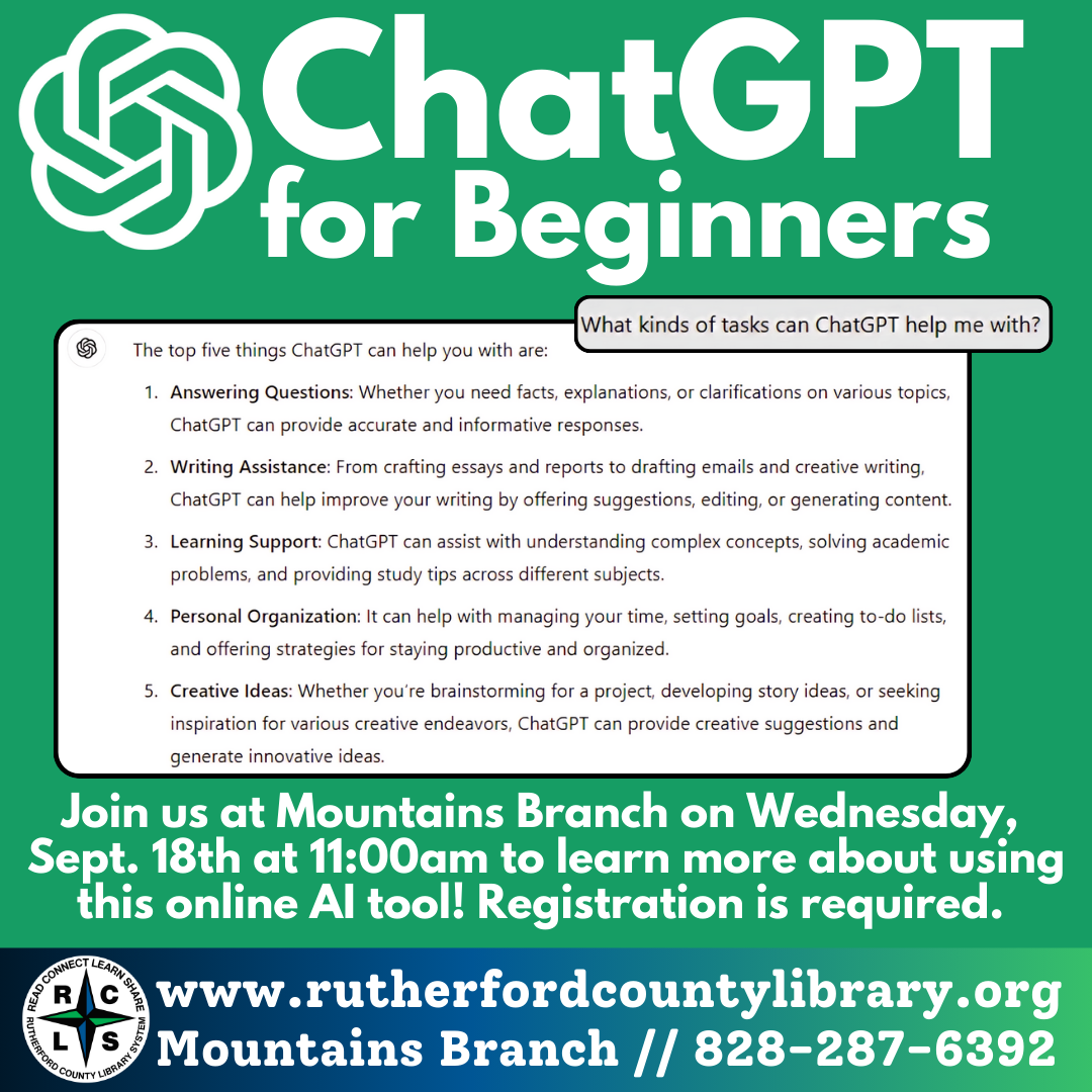 Mountains Branch Library Event - Chat GPT for Beginners 9/18/24 at 11 ...